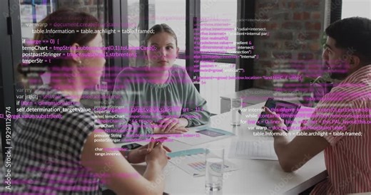Team sitting business meeting, man tapping tablet causing magenta overlay obscuring charts and team