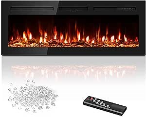 Manastin 50 inch Electric Fireplace in-Wall Recessed and Wall Mounted with Remote Control, 1500/750W Fireplace Heater (60-99°F Thermostat) with 12 Adjustable Color, Timer, Log and Crystal
