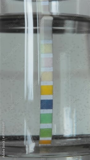 Close-up simple test strip immersed in clear tap water inside glass pitcher. Home water quality analysis for household consumption. pH level, hardness, alkalinity, chlorine, nitrites, nitrates, lead,