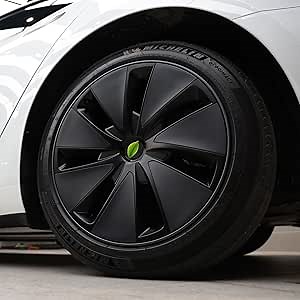 Fit New Tesla 2024 Model 3 Highland 18 Inch Photon Wheel Cover Hubcaps Replacement Wheel Rim Protector Kit Photon Accessories with 3 Sets Logo Stickers (Original Photon Matte Black)