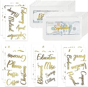 60pcs Cash Envelope Labels and 10pcs A6 Binder Pockets, Vinyl Budget Binder Label Stickers, Money Envelopes Labels for Budget Binder Money Organizer Wallet Gold