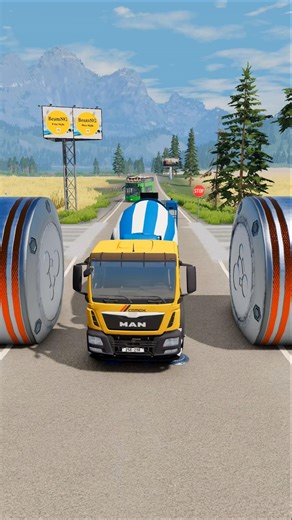 Long City Buses & Cement Truck vs Hydraulic Crush - BeamNG.drive #shorts #beamngdrive