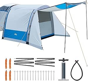 JOYTUTUS Inflatable SUV Tent with Pump, Easy Set-up 6 Person SUV Camping Tent for Family Camping, Dual-Use Blow Up Tent with 2 Awnings, Car Roof Canopy, Double Door, Fit for Car SUV Van