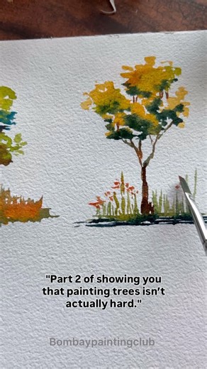 Bombay Painting Club-Nishita on Instagram: "Step-by-Step Guide: Single Flat Brush Tree 🖌️ Dab the Canopy: Start with a light yellow. Use the flat face of the brush to create soft, irregular dabs for the top of the tree. Layer for Depth: While the paper is wet, dab in mid-tone and dark greens. The flat brush helps create those broad, leafy textures effortlessly. The Side-Tip Technique: To create the trunk and branches, turn your flat brush on its side. Use the sharp corner/edge to pull thin, pre