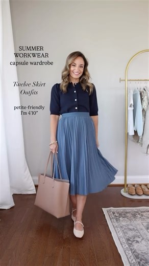 Brooke Anderson on Instagram: "Summer workwear capsule series: twelve outfits for work with skirts! As always, these outfits are petite friendly (unaltered on me at 4’10”). The outfits were put together using the pieces from my summer workwear capsule wardrobe! The 25 piece capsule is best viewed on my blog where you can see reviews of each item, leas expensive options and photos of all 50 outfits. The links are saved to the capsule story highlight. Sharing the links to shop and sizing details i