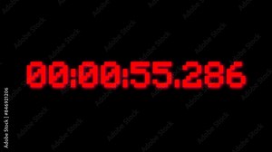 Red electronic clock with countdown from 1 minute to zero with milliseconds. Timer animation with alpha channel