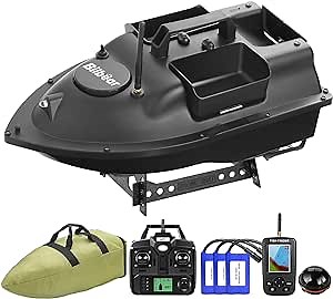 500M Bilbear GPS 3 Hoppers Fishing Bait Boat Carp Fishing Bait Boat Carp Hook Post Boat,LCD Fishfinders with Sonar Sensor,Handbag,Spare Batteries (Black Boat with Fishfinder)