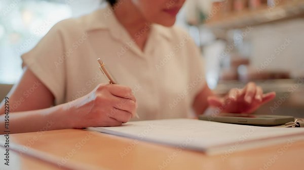 Focused on the Task. A woman hands delicately navigate a calculator and scribble on a notepad, showcasing a moment of concentrated effort and detail-oriented work.