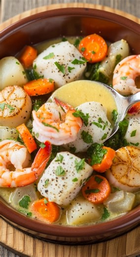 🐟 Cassolette de poissons crémeuse : le plat marin qui réunit toute la famille autour d’un bon repas ! 😋🥘 Liste complète des ingrédients (pour 4 personnes) : 600 g de filets de poisson blanc (cabillaud, colin ou julienne) 200 g de crevettes décortiquées (crues ou décongelées) 1 gros poireau (ou 2 petits) 2 carottes moyennes 1 oignon jaune 2 gousses d’ail 150 ml de vin blanc sec (sauvignon) 250 ml de crème fraîche légère (15 % MG) 30 ml (2 cuillères à soupe) d’huile d’olive 20 g (2 cuillères à