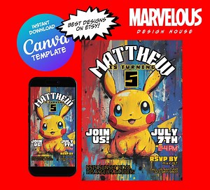 Pikachu Editable and Printable Birthday Invitation | Awesome Pokemon Trading Card Template | Premium Birthday Invites | Editable in Canva - Etsy Australia