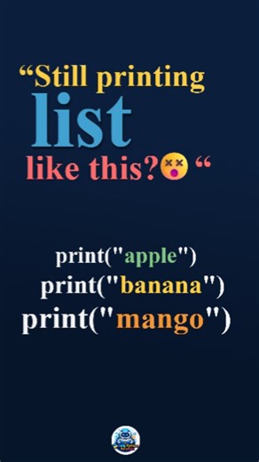 Python & AI Learning on Instagram: "Day 11 – Python Lists + Loop 🔁 Still printing items one by one? There’s a smarter way 👇 Use a for loop to iterate through your list. Cleaner code. Less typing. More powerful. Save this for revision 💾 Follow for Daily Python 🚀 #pythonbeginner #learnpython #codingjourney #pythonbeginner #codedaily #30 #pythonprogramming"