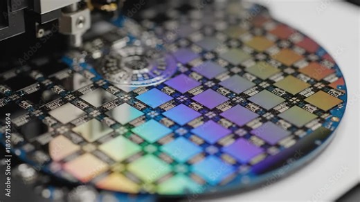 Electronic wafer with rainbow reflection. Microchip fabrication technology for modern semiconductor industry and engineering.