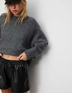 Stradivarius Leather effect shorts with drawstrings in black | ASOS