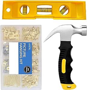 222pcs Picture Hanging Kit, Hammer, Level, Picture Hanger Assortment, Heavy Duty Frame Hooks with Nails, Hanging Wire, Screw Eyes, D Ring and Sawtooth Hardware for Frames Mounting at Home