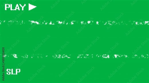 A chroma key green screen features a vintage VHS overlay with animated white tracking static, a 'PLAY' icon, and 'SLP' text to simulate a retro video recording glitch