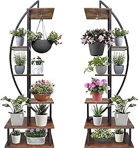 2 PCs 6 Tier Metal Plant Stand, Half Moon Plant Shelf Holder, Indoor Tall Ladder Plant Stand Large Plant Display Stand Rack for Living Room, Balcony, Patio, Garden