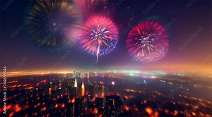 Exploding Fireworks Celebration Above a City in the Night Sky