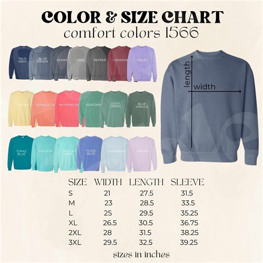 Comfort Colors 1566 Color Size Chart Mockup (digital Download) - Etsy