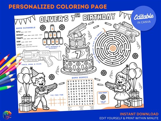 Dart Gun Birthday Coloring Placemat : Editable Nerf War Activity Sheet (digital Download) - Etsy