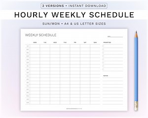 Hourly Weekly Schedule Template | Hourly Schedule Planner | Weekly Planner | Priorities List | Printable Weekly Schedule | Instant Download - Etsy UK