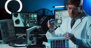 Scientist Working in Lab Doctor Making Microbiology Research Laboratory Tools Microscope Test Tubes