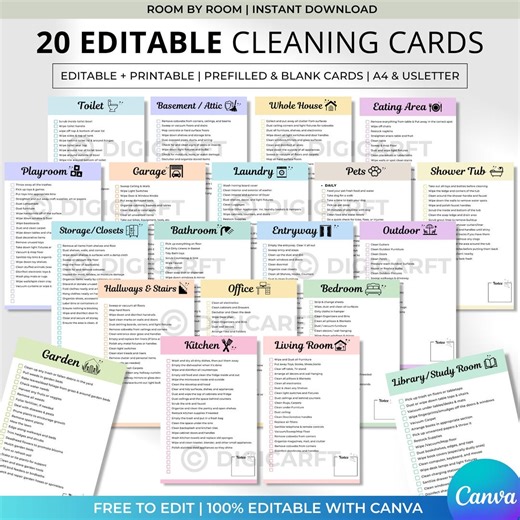 Editable Adhd Cleaning Checklist by Room,family Cleaning Cards,room by Room Cleaning Cards Editable,kids Chore Cleaning List Card Printable - Etsy
