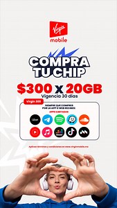 Comprando tu chip Virgin con el paquete de $300 te llevas 20GB, apps ilimitadas, 3GB de video y mucho más. No lo pienses más y hazlo ya mismo | Virgin Mobile México