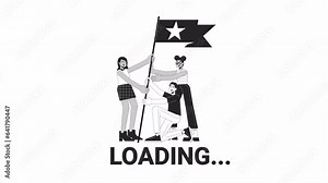 Businesspeople rising flag bw loading animation. Team building fun coworkers outline 2D cartoon characters 4K video loader motion graphic. Young ceos animated gif isolated on white background