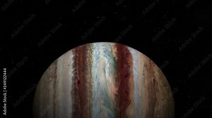 CGI composite: flying over planet Jupiter with a starry background.