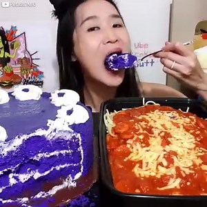 8.9K views · 271 reactions | Enjoying Filipino Ube Cake from Red Ribbon and Jolly Spaghetti! #mukbang #asmr #filipinofood #pinoyfood #cake #dessert | Peggie Neo | Facebook