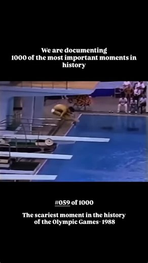 History Fragments | Real Historical Footage on Instagram: "One of the most dramatic moments in the history of sports. On March 28, 1988, at the Olympic qualifying competitions, American diver Greg Louganis performed the most difficult jump - a reverse double somersault with a half-turn. But in a split second, everything went wrong - his head hit the diving board with incredible force. The sound of the impact reverberated throughout the hall, blood stained the water, and the audience froze in hor