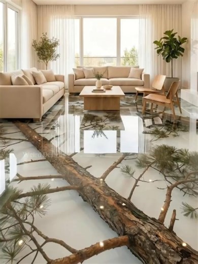 Stunning epoxy floor capturing a pine tree beneath the living room #interiordesign #renovation #epoxyfloor #floordesigns #livingroom