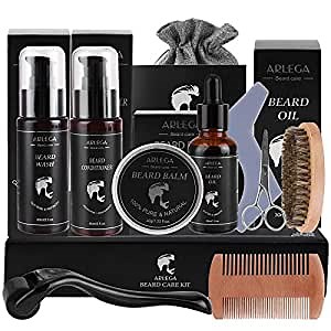 Beard Growth Kit, Arlega 10 In 1 Beard Kit For Men with Beard Oil, Beard Balm, Beard Conditioner, Beard Wash, Beard Roller, Brush, Comb, Scissors & Storage Bag, Best Gifts for Man