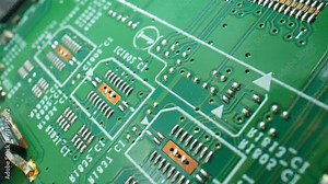 Explore the intricate world of electronics with a captivating macro video of a Printed Circuit Board (PCB), unveiling its intricate pathways. Close-up footage. Electronic devices concept.