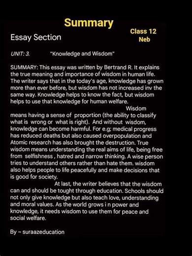 | Knowledge and Wisdom summary class 12 Englis |class 12 | unit 3 #suraazeducation #neb