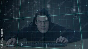 Hacker moving mouse to keyboard initiating grid and code matrix on dim desk for programming task