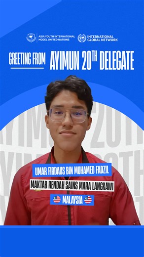 🎤 Meet Umar Firdaus bin Mohamed Fadzil from 🇲🇾 Malaysia, a proud delegate to AYIMUN 20th in Kuala Lumpur! Umar is eager to dive into global problem-solving, looking beyond just discussion to actively shaping real-world solutions. He is most excited about the diverse perspectives and the lasting connections he’s already starting to build with fellow youth leaders. 🌍✨ Coming in with a collaborative spirit and a drive to innovate, he’s ready to prove that when young minds unite, they can truly 