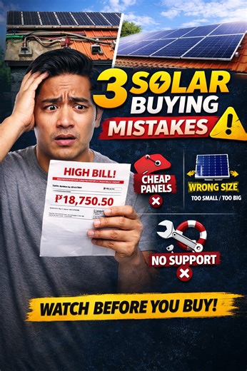 Solar Up Philippines on Instagram: "Planning to install solar in the Philippines? ⚠️ Before you say yes to a quote, watch this. Most homeowners lose money because of these 3 solar buying mistakes: ❌ Choosing price over quality ❌ Installing the wrong system size ❌ No after-sales support A solar system should be safe, properly designed, and built to last—not just cheap. Talk to our solar advisors today and get a free solar quote. ☀️⚡ 📩 Message us to get started"