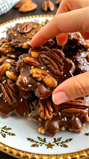 Chocolate Pecan Clusters 🍫🥜 These Chocolate Pecan Clusters are one of those old-fashioned treats I grew up sneaking from the candy dish. Thick, glossy chocolate hugging crunchy toasted pecans, with that perfect snap when you bite in. I make these every year around Christmas for cookie trays and gift boxes, and they always disappear first. Save this recipe or share it with someone who loves a no-bake classic. Yield: 18 clusters Ingredients: 2 cups pecan halves 12 oz semi-sweet chocolate, choppe