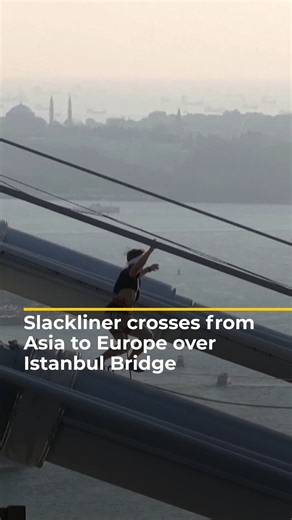 This Estonian man walked from Asia to Europe on a slackline set up across Istanbul's Bosphorus Bridge, completing the 1,074-metre journey. | Al Jazeera English