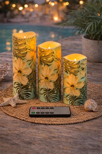Tropical Flameless LED Pillar Candles – Monstera Hibiscus Botanical Design – Coastal Decor Set - Etsy