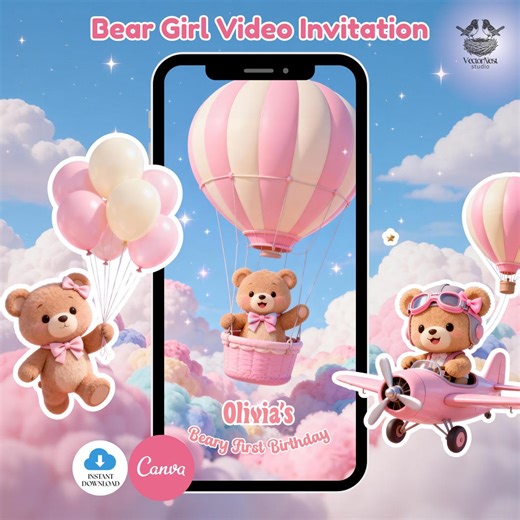 Teddy Bear Birthday Video Invitation Beary First Birthday in the Clouds Digital Editable Template - Etsy