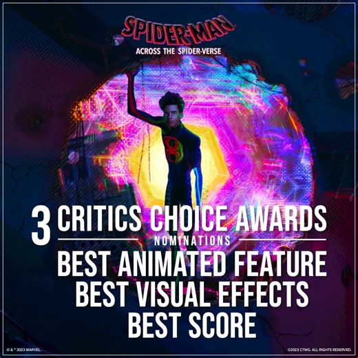 Spider-Man: Across the #SpiderVerse is nominated for 3 Critics Choice Awards including Best Animated Feature, Best Visual Effects, and Best Score. | Sony Pictures Animation
