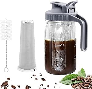 Cold Brew Mason Jar Coffee Maker 32 OZ Wide Mouth Cold Brew Pitcher With Coffee Filter and Cleaning Brush For Coffee, Iced Tea, Sun Tea, Lemonade (grey)