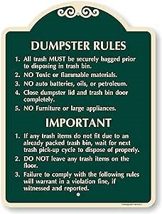 SmartSign Designer "Dumpster Rules - All Trash Must Be Bagged Prior To Disposing In Trash Bin" Sign, 18" x 24", 120 mil Aluminum Composite (ACM) with Overcoat, Green, Made in USA