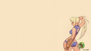 Samus Aran, Zero Suit Samus, blonde, ponytail, pulling hair, ass, hips, video game girls, thighs, thick thigh, big boobs, mole under mouth, skinny, slim body, philtomato, wide hips, boobs, holding hair, Metroid, zero suit, crop top, blue tops, panties, blue panties, bra top, backless, tight clothing, tight shorts, fangs, biting, signature, video games, Nintendo, yellow background, rear view, blushing, slim belly, minimalism, sketches, simple background, cannons | 2560x1440 Wallpaper - wallhaven.