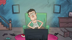 Lazy Man Playing Computer Game in His Room