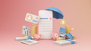 health insurance form surrounded by shields Heart shapes and rates and umbrellas and pills. first aid box on pastel blue and pink background 3d render animation looped