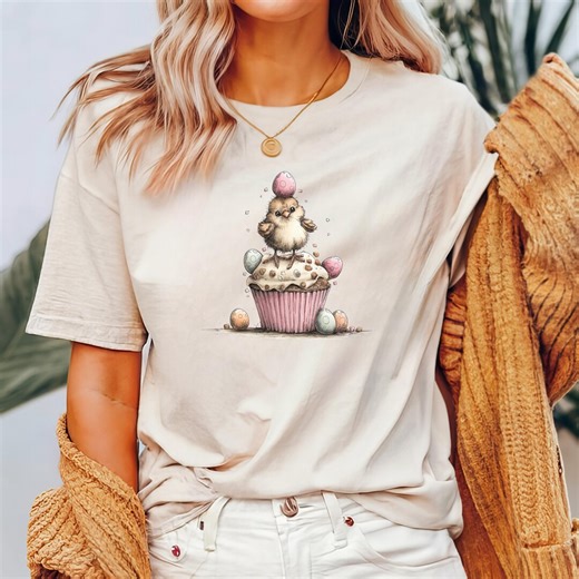 Easter Chick Cupcake Cooking Bakers Illustration T-shirt 100% US Grown Cotton Vintage Nursery Art - Etsy