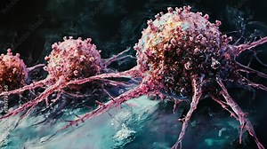 A close-up view of cancer cells dividing and spreading, a visual representation of the aggressive nature of the disease